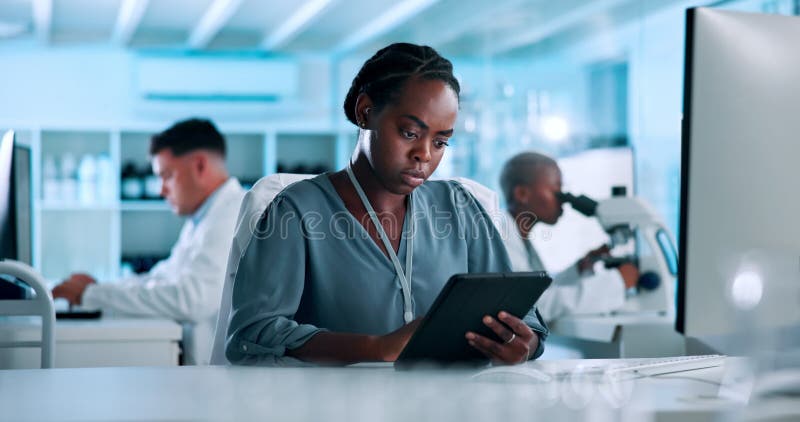 Science, Research and Black Man with Microscope, Chemical and Medical Engineering in Laboratory ...
