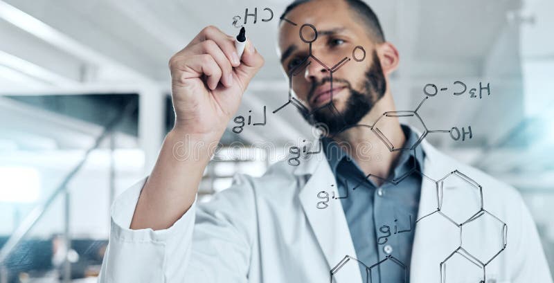 Science, Formula and Woman Writing Chemistry Equation for Medical ...