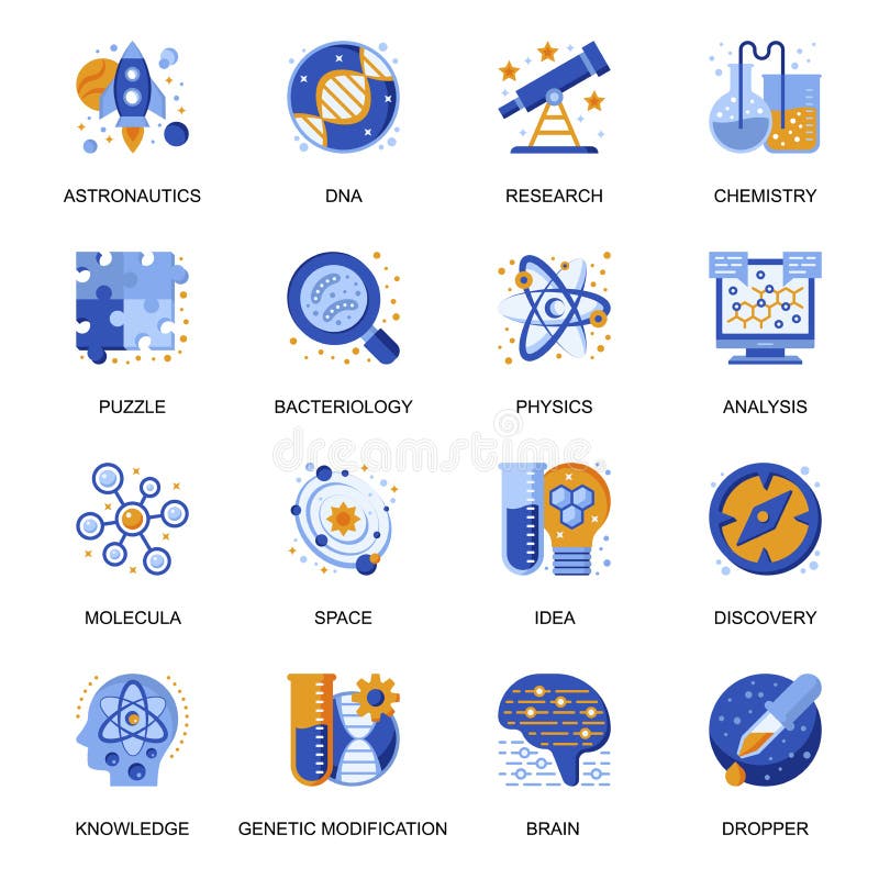 Science Research Icons Set in Flat Style. Stock Vector - Illustration ...