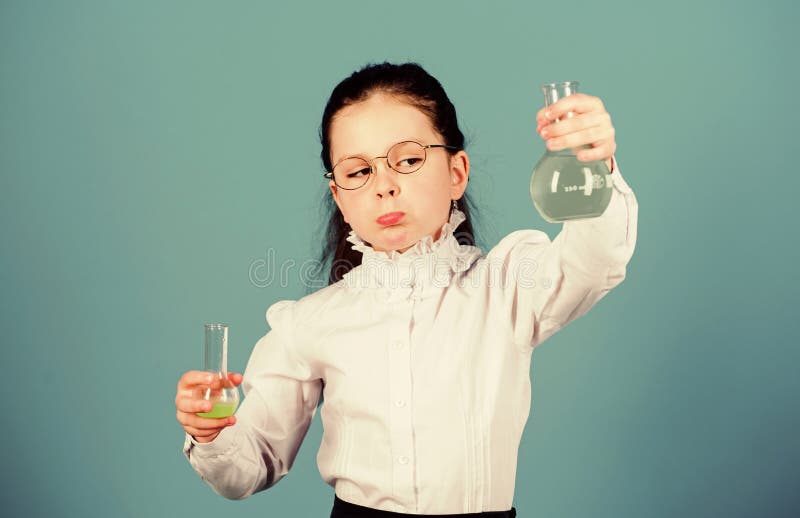 Science Research in Lab. Small School Girl. Child Study Bilogy Lesson ...