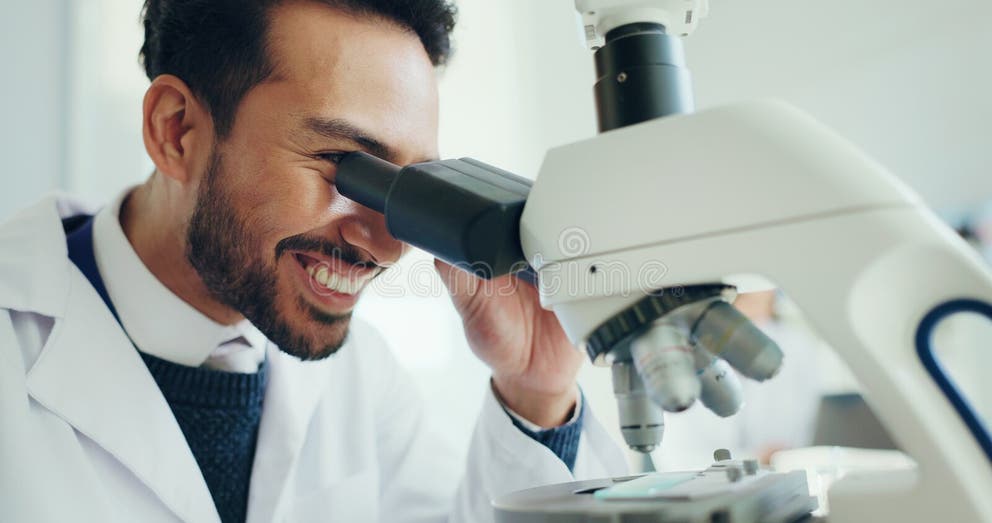 Science, Research and Man with Microscope in Lab for Biotechnology ...