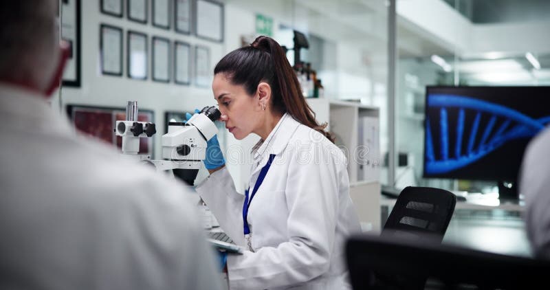 Science, Research and People in Lab, Microscope and Dna Testing with ...