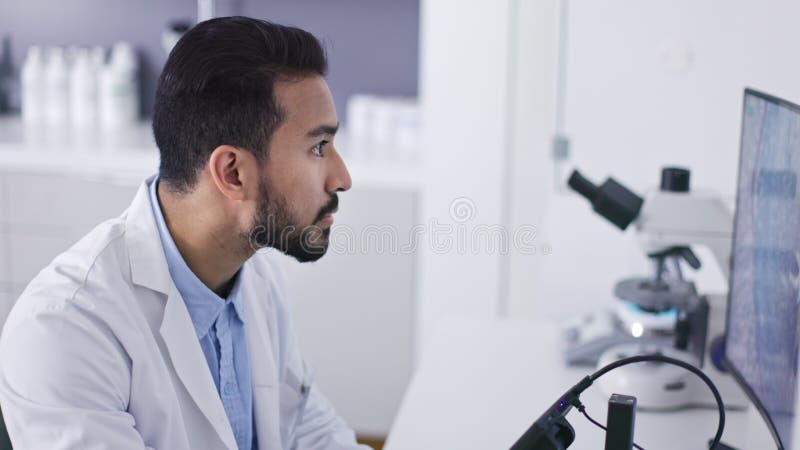 Science, Research Study and Man with Biotechnology and Scientific Tech ...