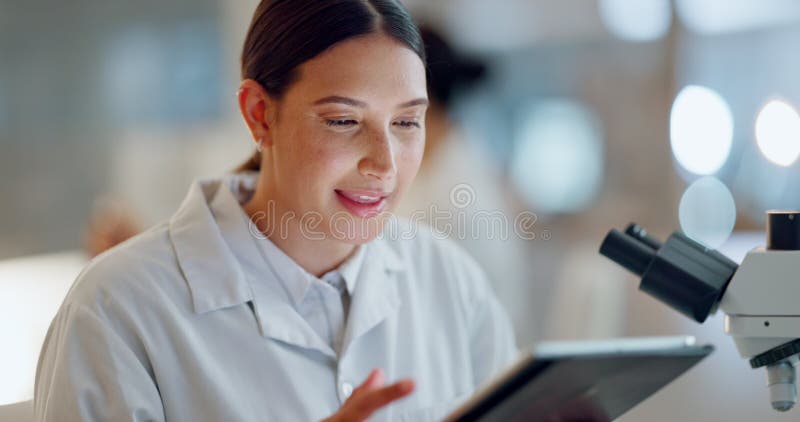 Science, Research and Woman with Microscope, Tablet and Biotech Data ...