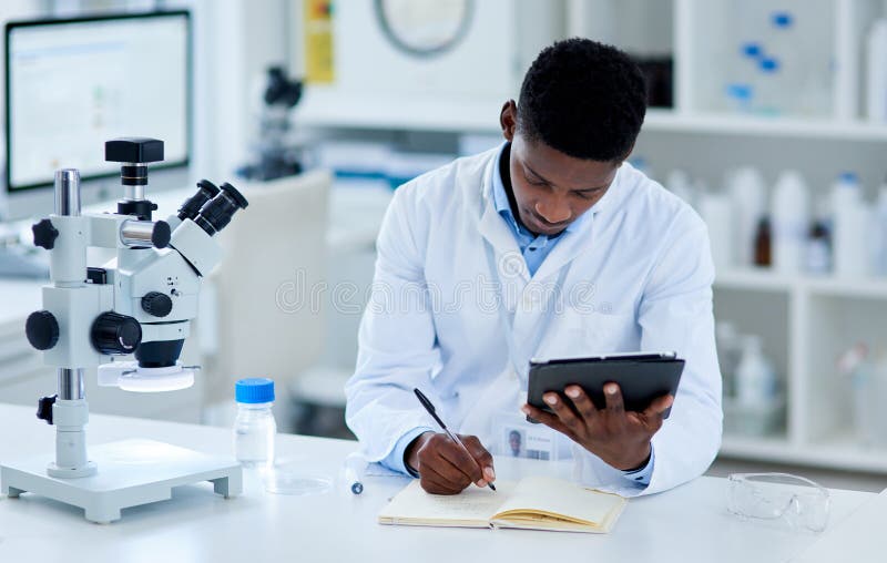 Science, Researcher and Black Man Writing, Tablet and Notes for ...