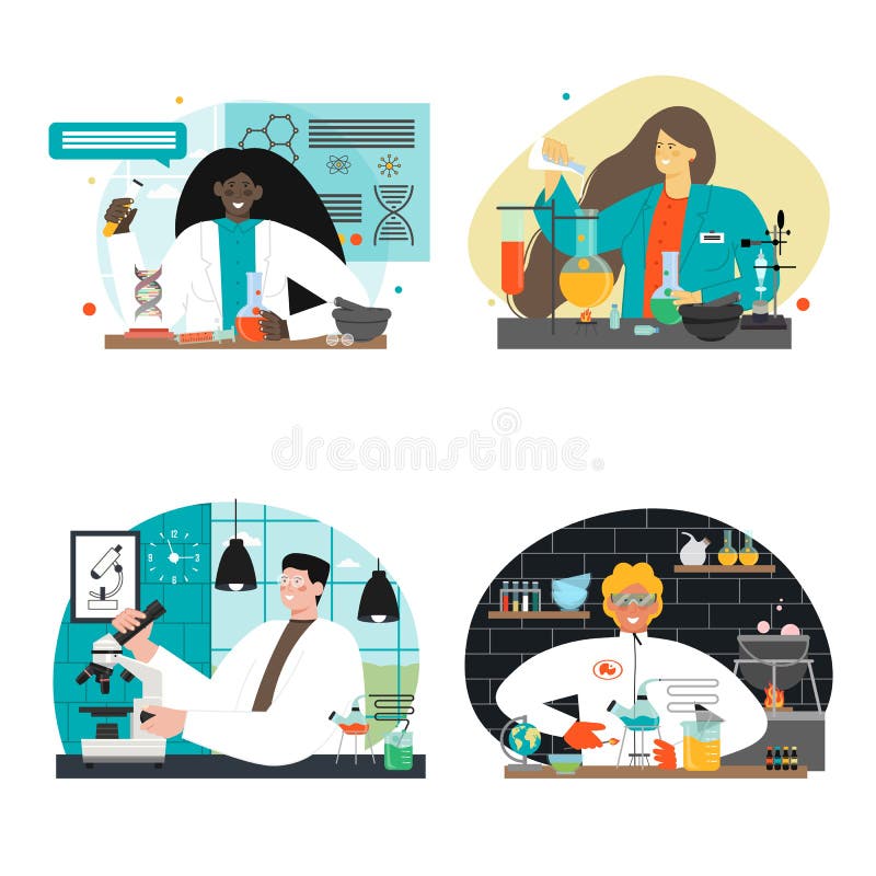 Science Scene Scientist Doing Research in Lab Set Stock Vector ...