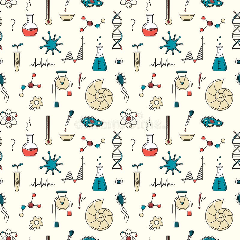 Science Seamless Pattern with Ammonite, DNA, Magnet, Test Tubes ...