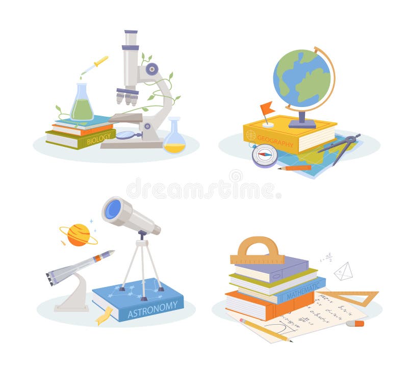 Science Set. Laboratory Items Microscope Tubes Books Modern Equipment ...