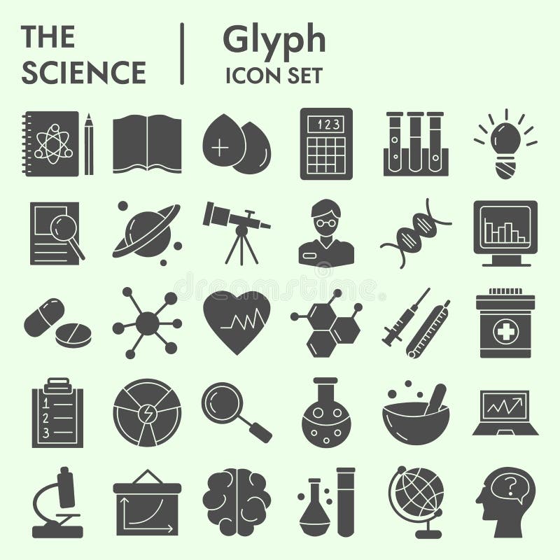 Science Solid Icon Set, Research Symbols Set Collection or Vector ...