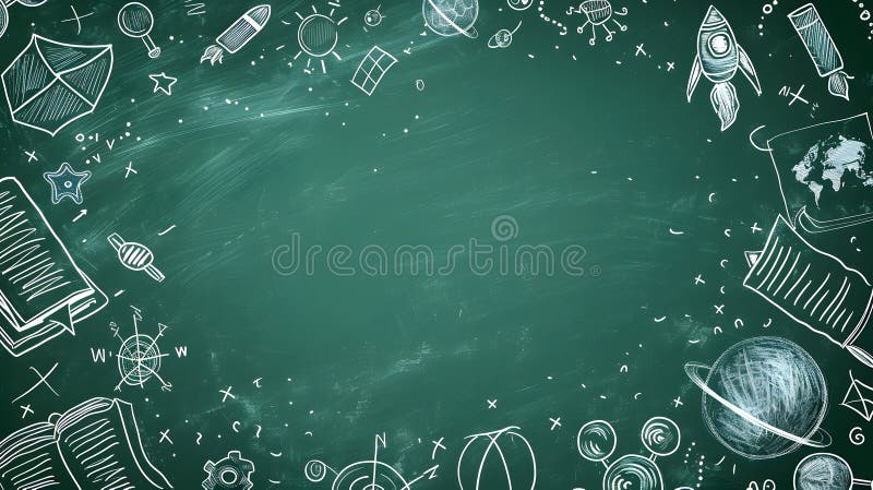 Science and Space Doodles on Green Chalkboard Background Educational ...