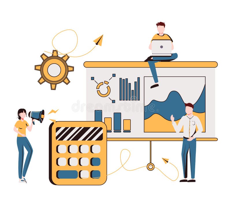 Science Statistics. Tiny Characters at Touch Screen and Huge Column ...