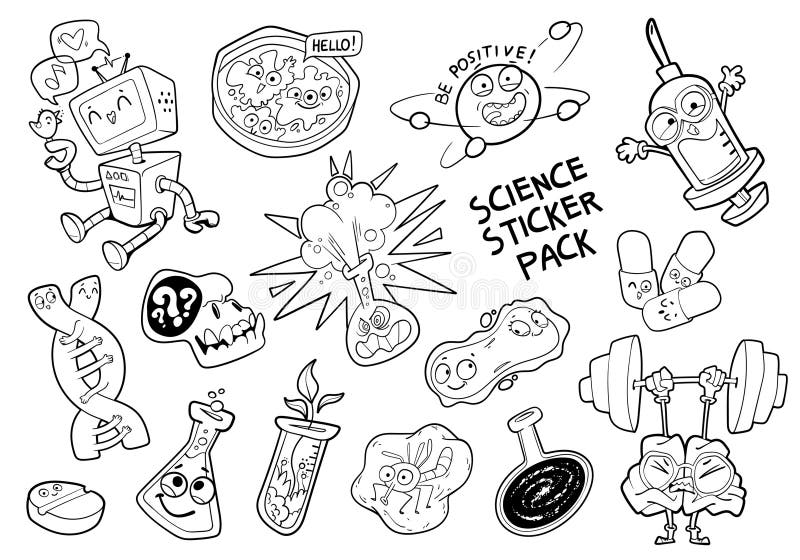 Science Sticker Pack. Comics Style. Set Cartoon Characters. Black and ...