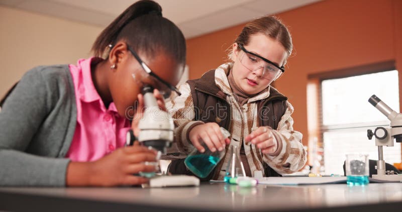 Science, Student and Microscope for Experiment in Classroom, Beaker and ...