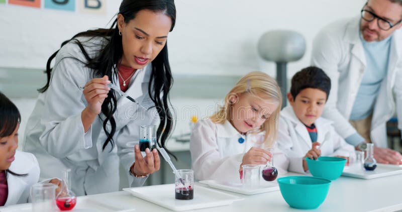 Science Teacher, Children and Chemistry Class with Experiment and ...