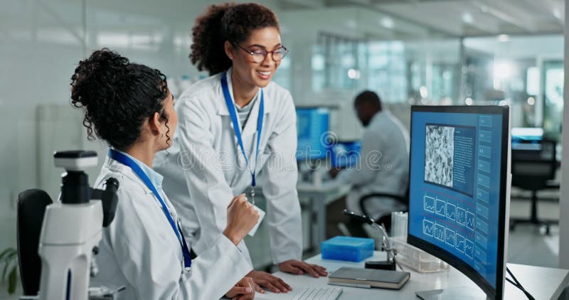 Science, Teamwork and High Five with Computer in Laboratory for Test ...