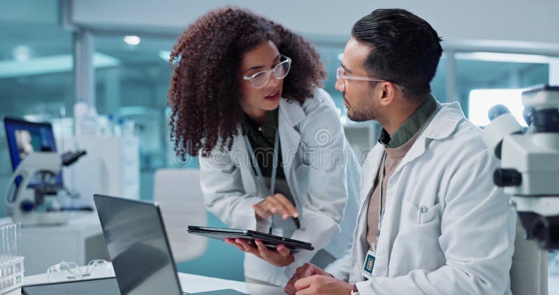 Science, Teamwork and Scientist with Tablet in Laboratory for ...