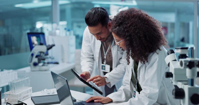 Science, Teamwork and Scientist with Tablet in Laboratory for ...
