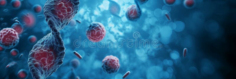 Science and Technology Banner, DNA Structure Model with Blood Cells on ...