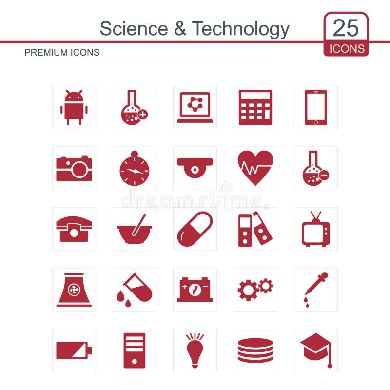Science and Technology Icons Set Red Stock Vector - Illustration of ...