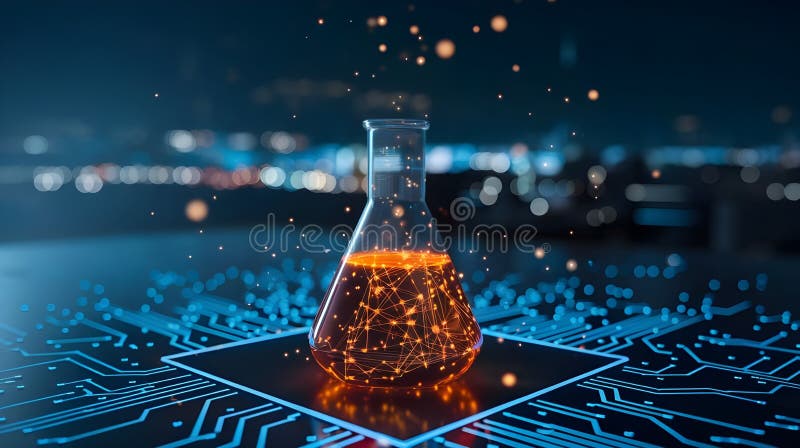Science Technology and Innovation Beaker on Circuit Board with Glowing ...