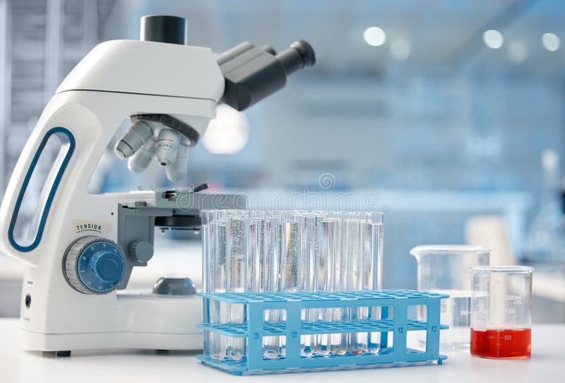 Science, Test Tubes and Microscope on Table in Lab for Medical Research ...