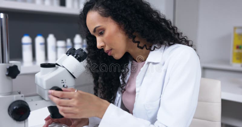 Science, Woman and Microscope with Analysis in Lab, Scientist Does ...