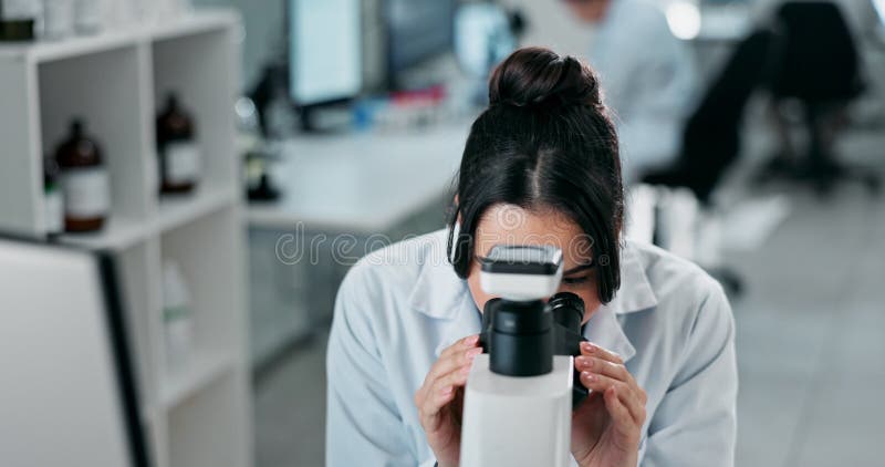 Science, Woman and Microscope with Computer in Laboratory for Medical ...