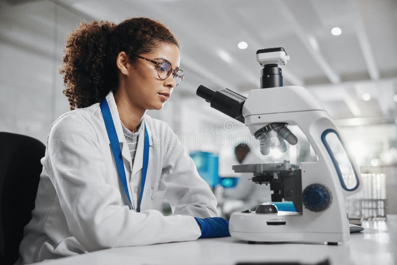 Science, Woman and Research with Microscope in Lab for Investigation ...