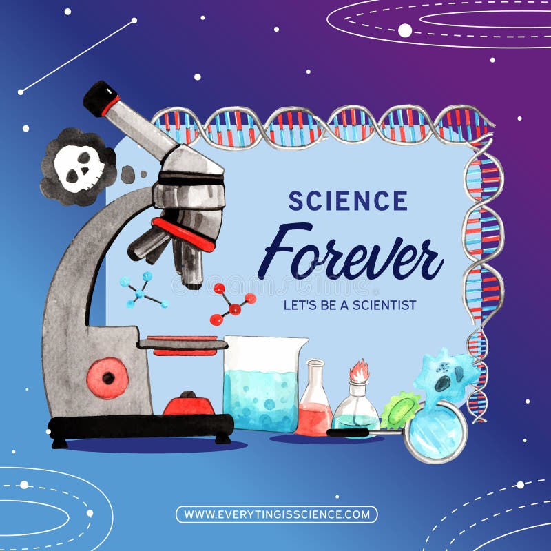 Science Wreath Design with Microscope, Beaker Watercolor Illustration ...