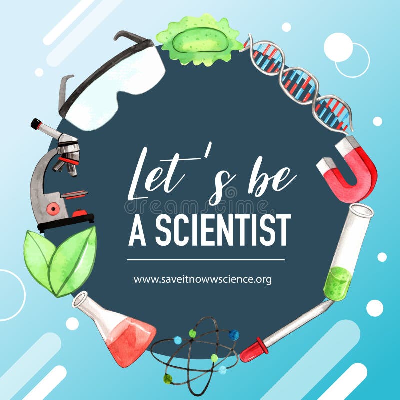 Science Wreath Design with Microscope, Magnet, Glass Flask Watercolor ...