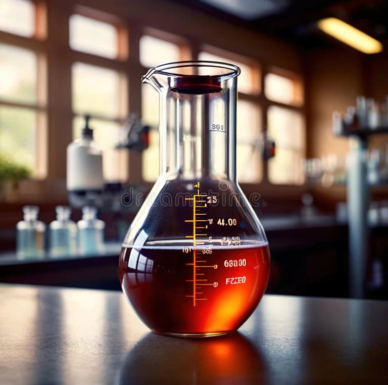 A Scientific Beaker in a Laboratory on a Table on a Blurred Background ...