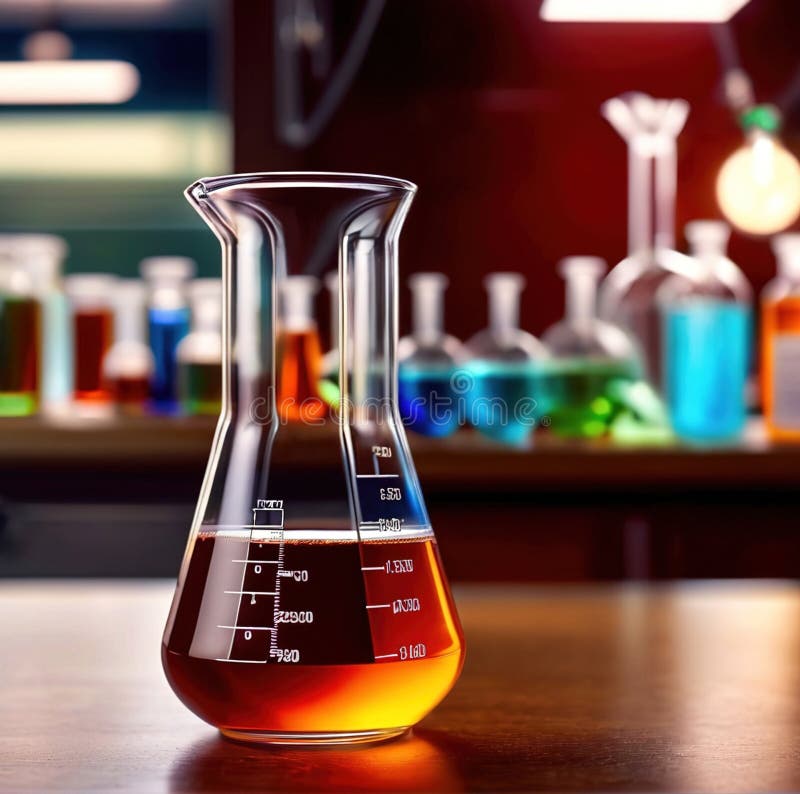 A Scientific Beaker in a Laboratory on a Table on a Blurred Background ...