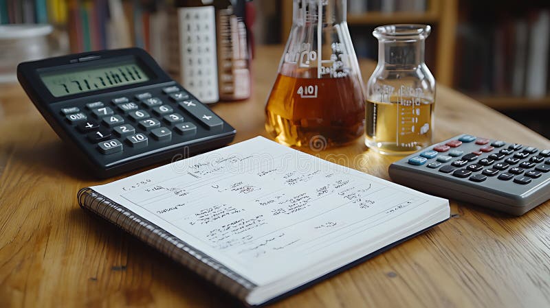 Scientific Calculations, Lab Notes, and Chemical Solutions on a Wooden ...