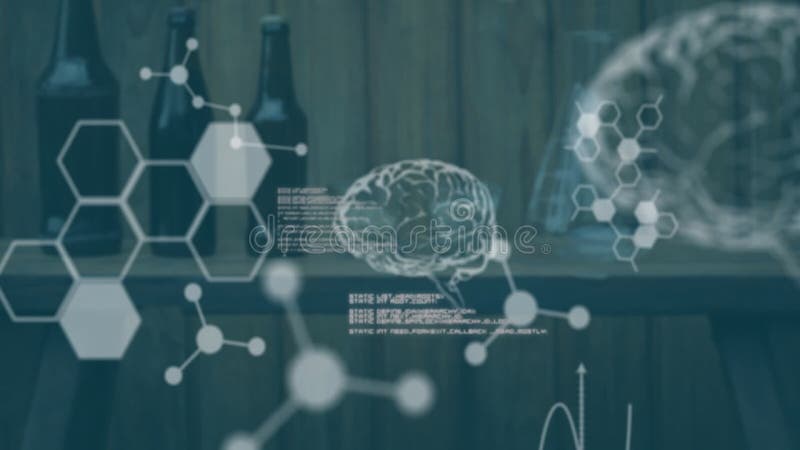 Scientific Data and Brain Activity Animation Over Bottles on Wooden ...