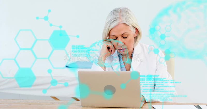 Scientific Data Processing Animation Over Focused Woman Working on ...