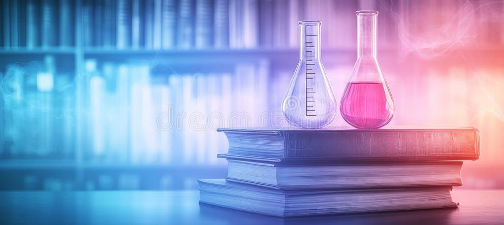 Scientific Discovery and Knowledge Flasks on Stack of Books in a Pastel ...