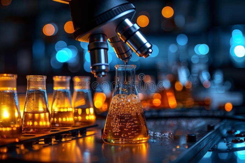 Scientific Equipment in a Chemical Lab Microscope and Flasks for ...