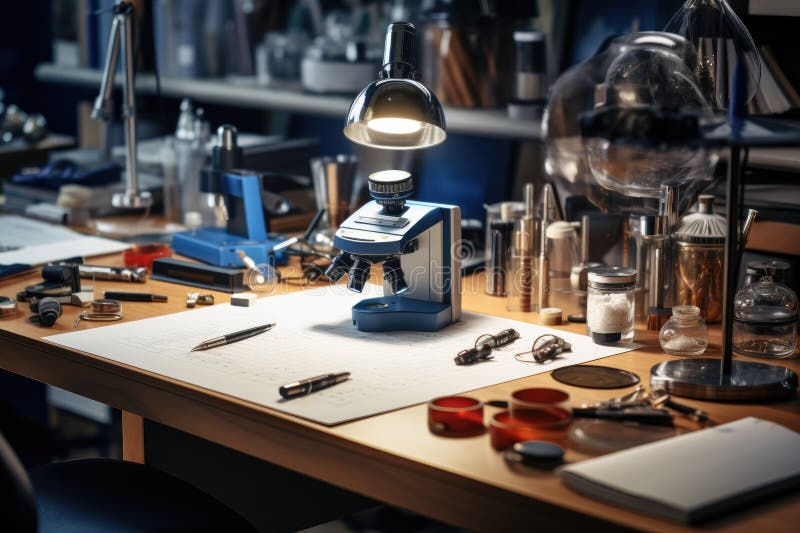 Scientific Equipments Spread on Desk. Generative AI Stock Illustration ...