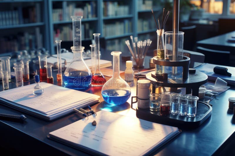 Scientific Equipments Spread on Desk. Generative AI Stock Illustration ...