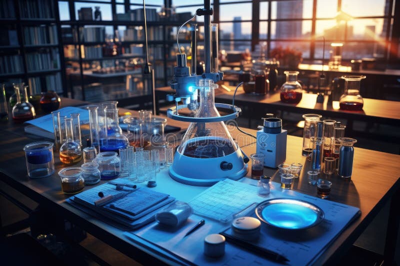 Scientific Equipments Spread on Desk. Generative AI Stock Illustration ...