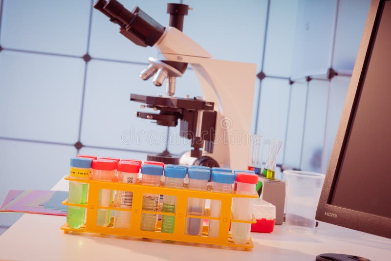 Scientific Experiment in Microbiological Lab. Microscope and Test Tube ...