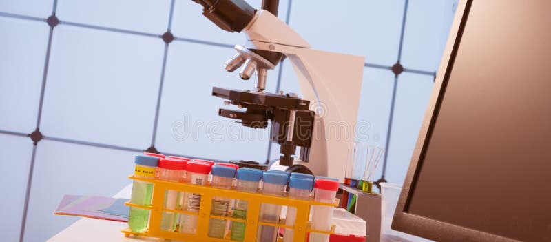 Scientific Experiment in Microbiological Lab. Microscope and Test Tube ...