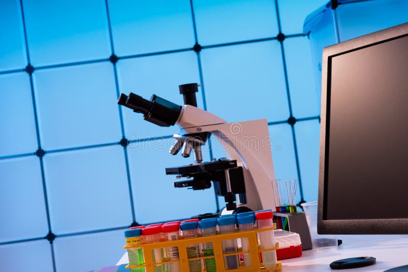 Scientific Experiment in Microbiological Lab. Microscope and Test Tube ...