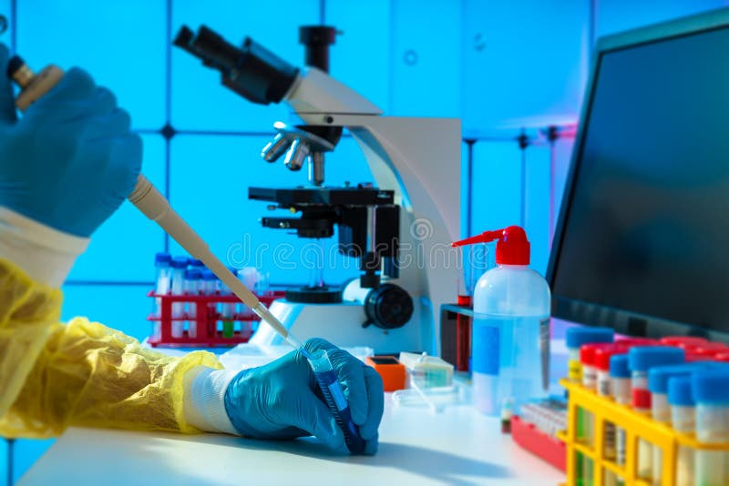 Scientific Experiment in Microbiological Lab. Microscope and Test Tube ...