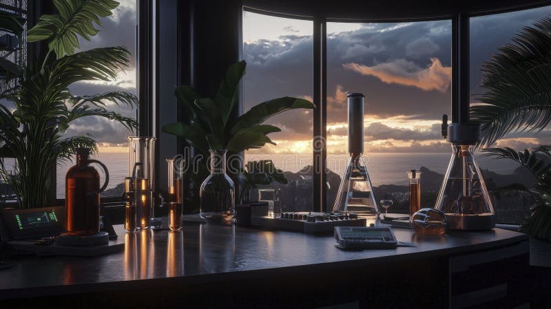 Scientific Exploration at Sunset in a Hyper-detailed Laboratory Serene ...