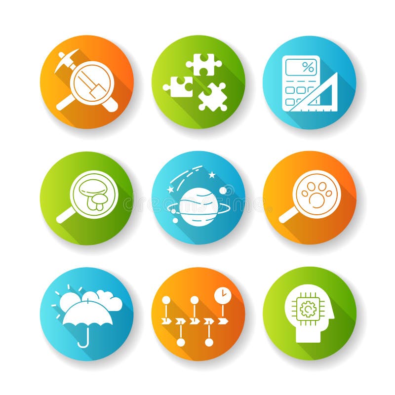 Scientific Fields Flat Design Long Shadow Glyph Icons Set Stock Vector ...