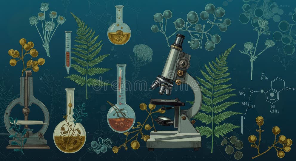 Scientific Illustration with Microscope, Beakers, and Botanical ...