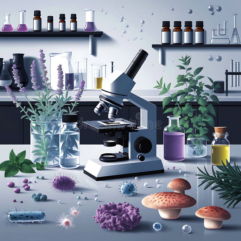 Scientific Lab with Microscope, Mushrooms, and Medicinal Plants Stock ...