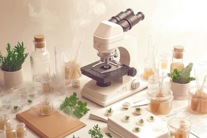 Scientific Lab Table with a Detailed Microscope, Glass Slides with ...
