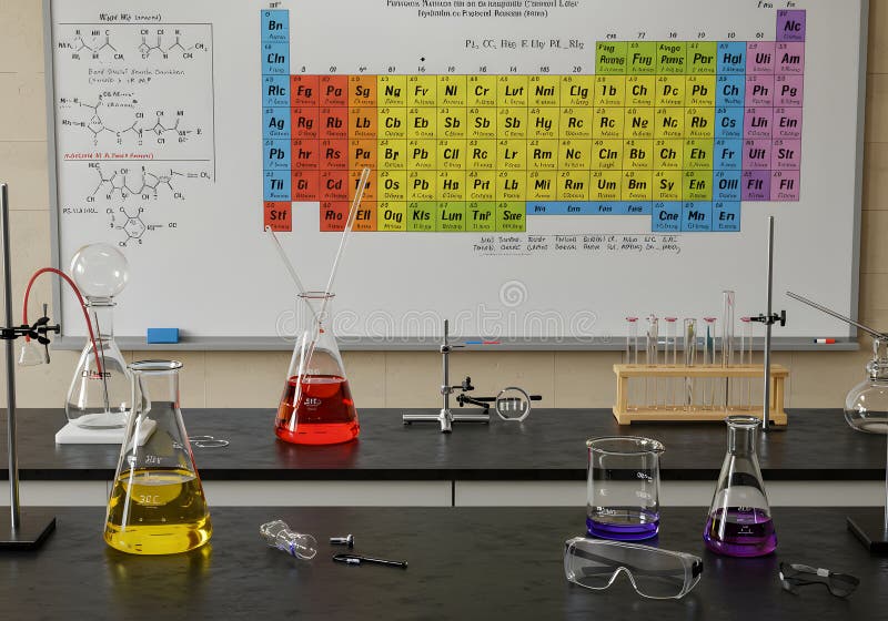 Scientific Laboratory with Beakers Flasks and Periodic Table Display ...